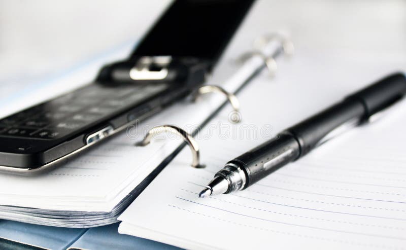 Pen, Spiral Notebook and Cell Phone Stock Image - Image of diary, book ...