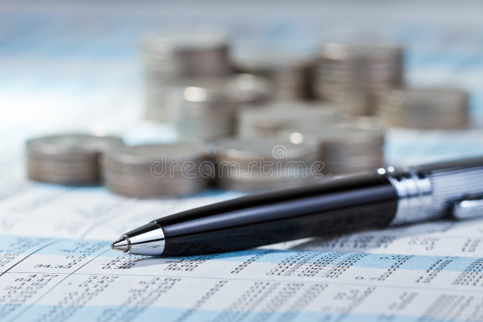 Pen with Stack of Coins Background Stock Photo - Image of analyzing ...