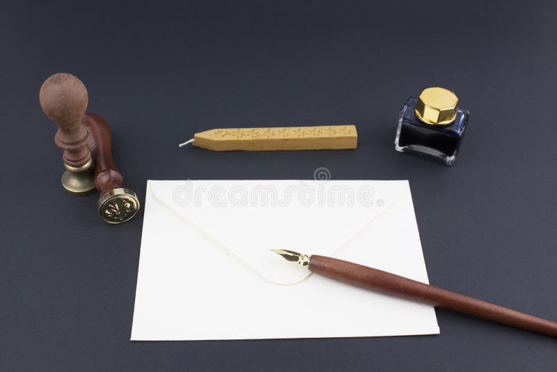 Pen, Stamp, Envelope, Ink Pot and Wax Stock Image - Image of elegant ...