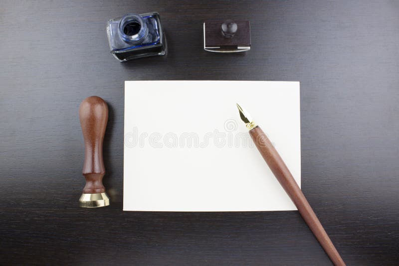 Pen, Stamp, Envelope, Ink Pot and Wax Stock Photo - Image of corporate ...