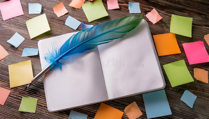 A Pen is on Top of a Notebook with Colorful Sticky Notes Scattered ... A Pen is on Top of a Notebook with Colorful Sticky Notes Scattered ...
