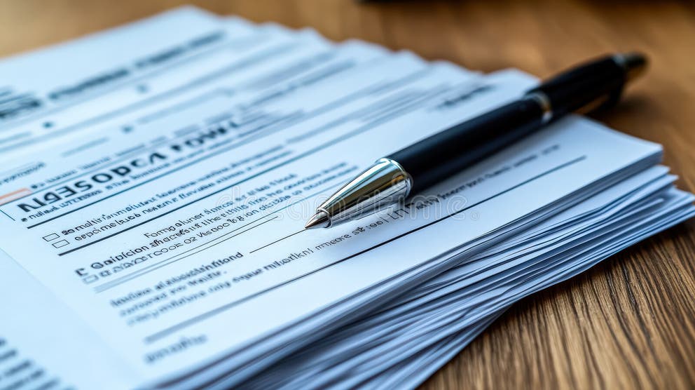 Pen is on Top of a Stack of Papers Stock Photo - Image of desk ...