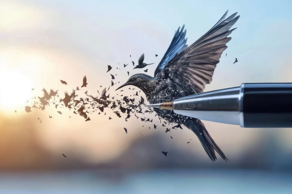 Pen Transforms into Bird with Feathers Exploding in Artistic Surrealism ...