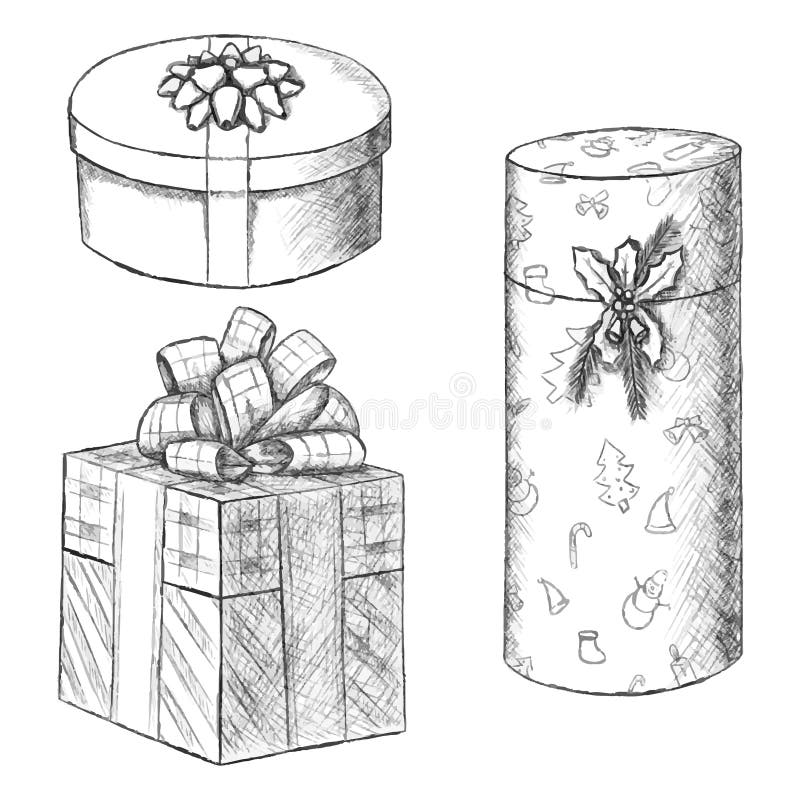 Pen Vintage Sketch - Hand Drawn Gift Boxes. Stock Vector - Illustration ...