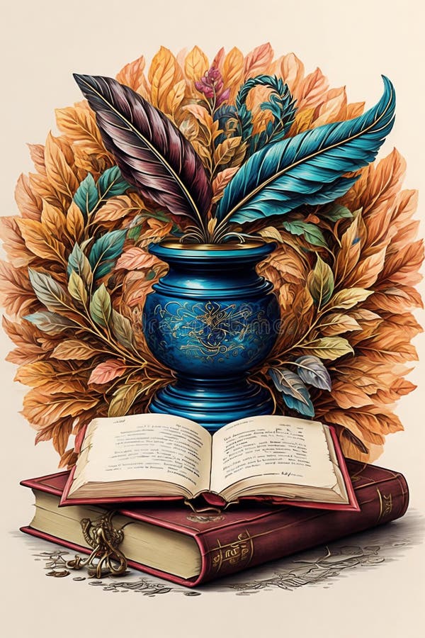 Pen for Writing Inkwell and Book Graphics in Retro Style Stock ...