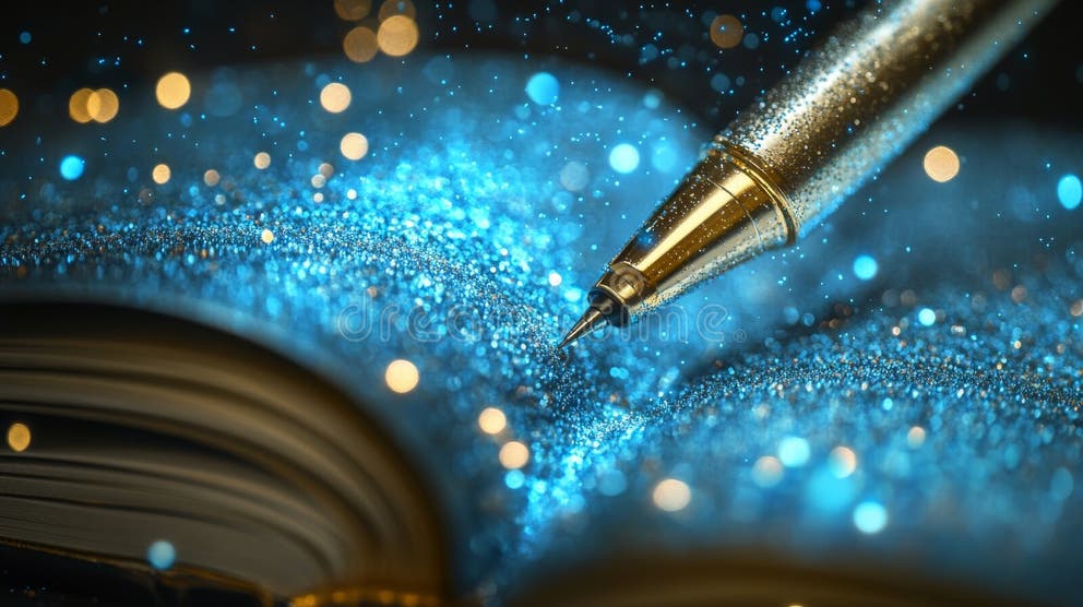 A Pen Writing in an Open Book, Highlighted by Polygon Mesh Lines and ...