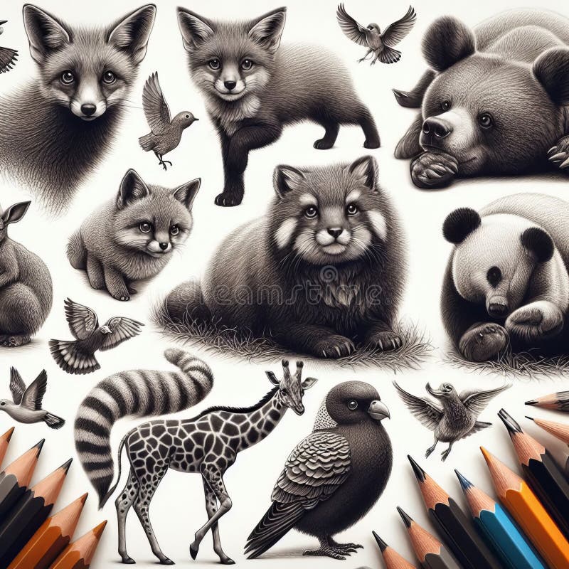 Pencil Animals Animals Drawn with Fine Details and Shading Using Stock ...