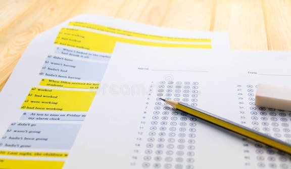 Pencil on Answer Sheet and Question Sheet Stock Image - Image of purple ...