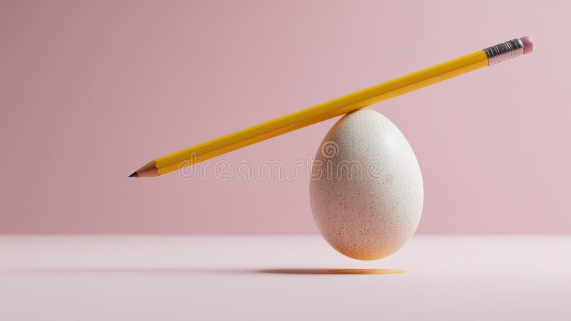 Pencil Balancing on Egg on Pastel Pink Background Stock Illustration ...