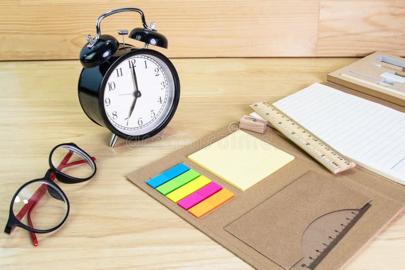 Pencil, Blue File, Glasses on White Wood Table Concept Office Equipment ...