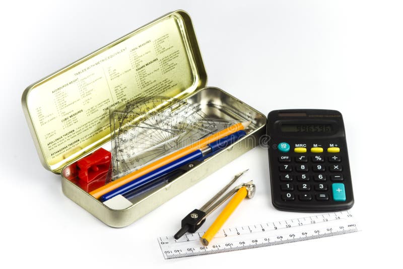 Pencil Box and a Calculator Stock Photo - Image of statistics, plan ...