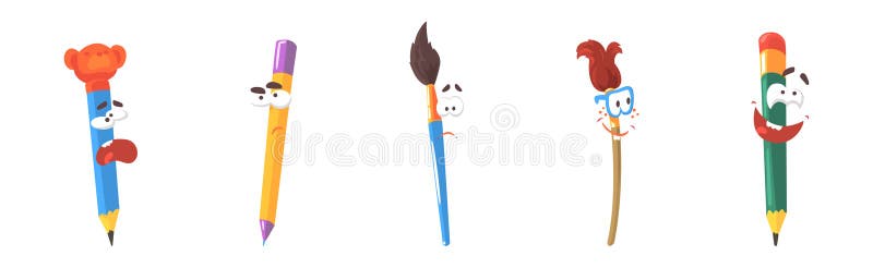 Pencil and Brush Character with Comic Face Vector Set Stock Vector ...
