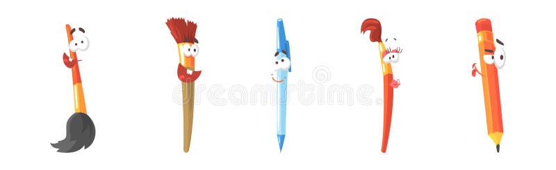 Pencil and Brush Character with Comic Face Vector Set Stock Vector ...