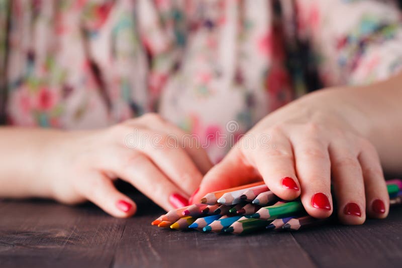 Pencil Bunch in Woman Hands Stock Image - Image of creative, crayon ...