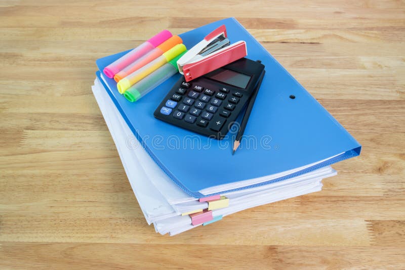 Pencil, Calculator, Blue File on Wood Table Concept Office Equipment ...