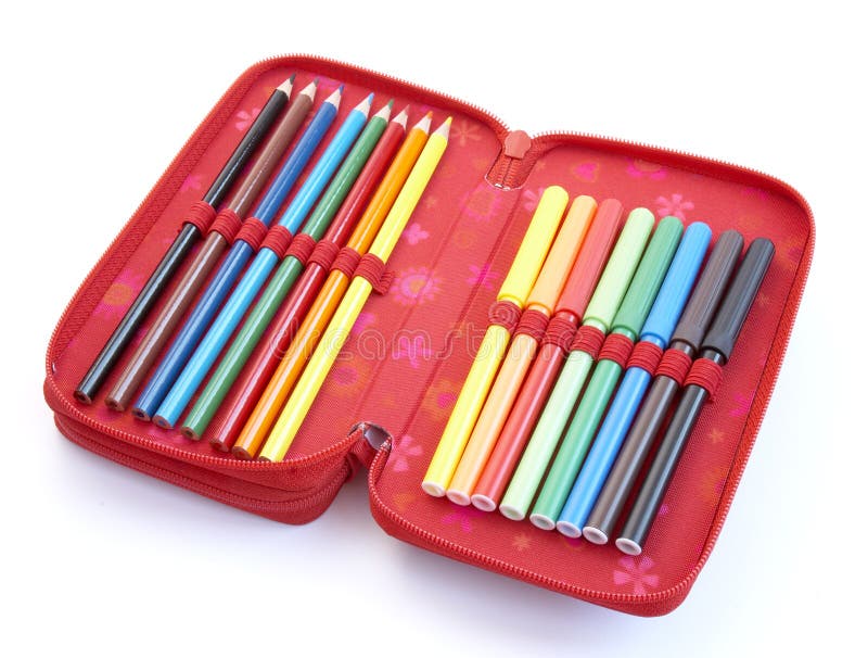 Pencil Case and Pencils are Lying on the Table in Bright Daylight ...