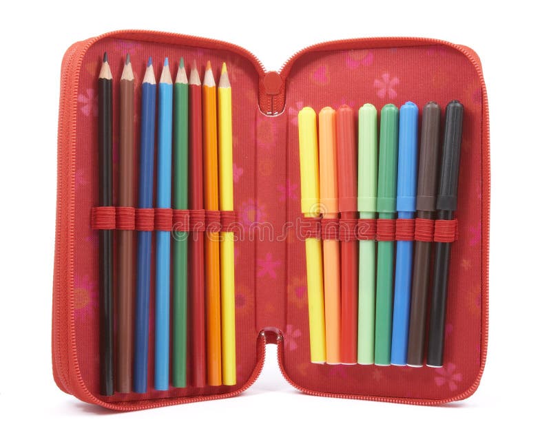 Pencil Case and Pencils are Lying on the Table in Bright Daylight ...