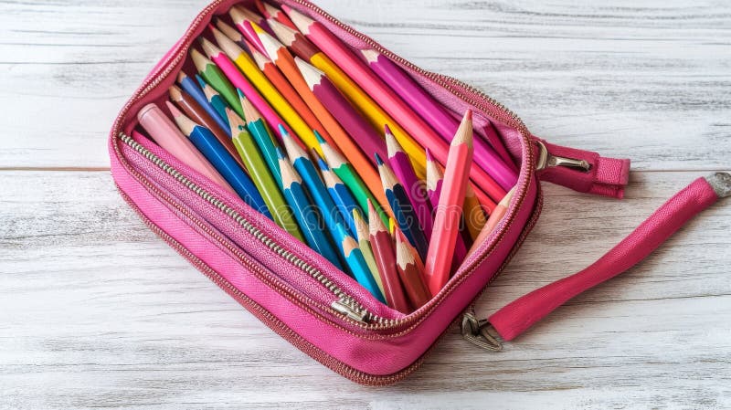 A Pencil Case Filled with Colored Pencils on a White Background. Stock ...