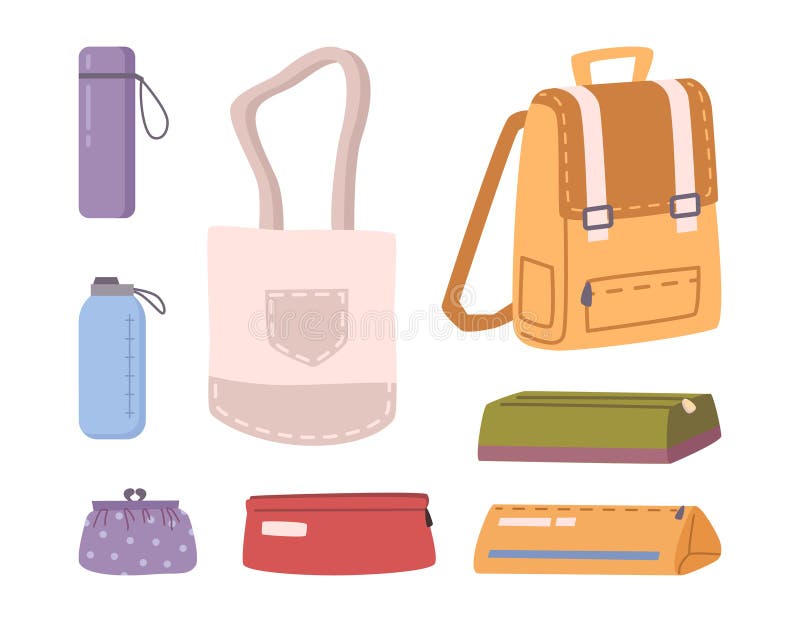 Pencil Cases and Bottles, Backpack and Bag Stock Vector - Illustration ...