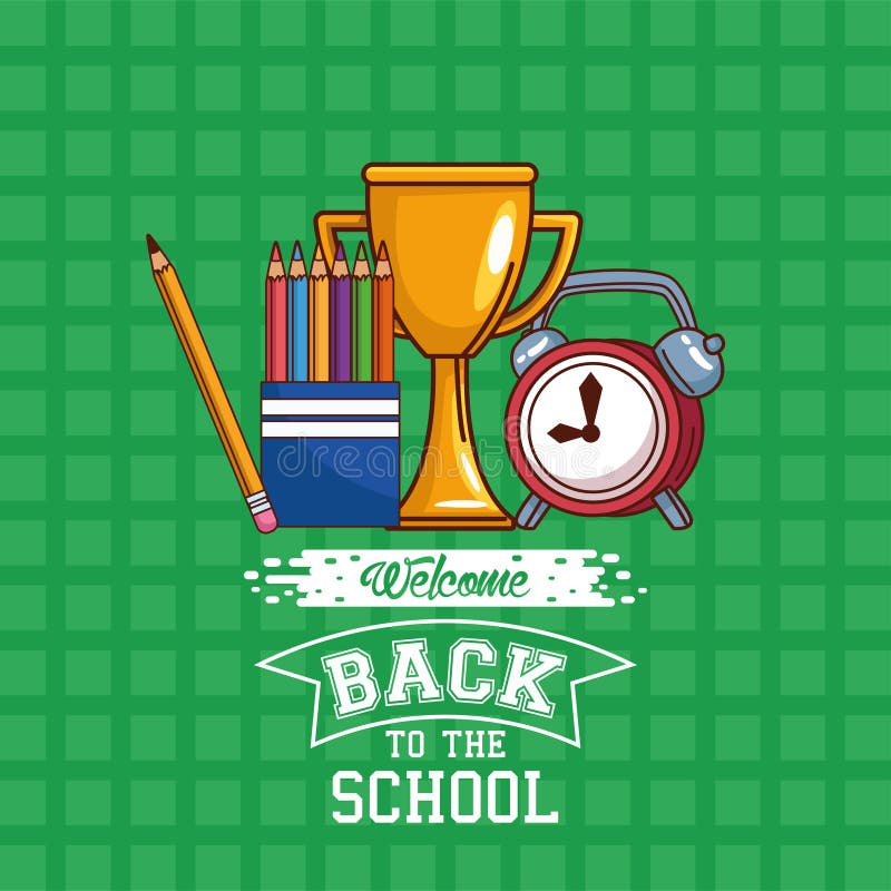 Pencil Colored Pencils Trophy and Clock of Back To School Vector Design ...