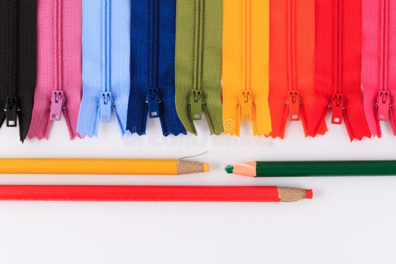 Pencil and Colorful Zippers in Different Colors. Stock Photo - Image of ...