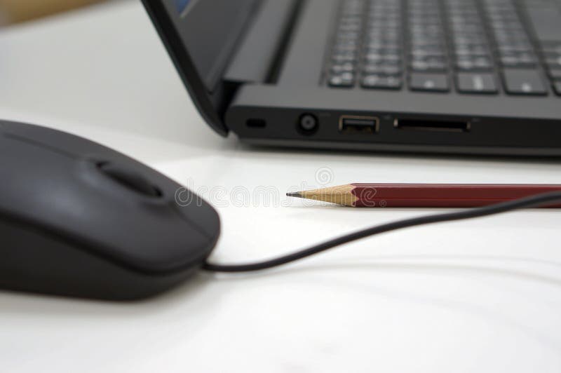 Pen, Pencil and Computer Mouse Stock Photo - Image of device, blue ...
