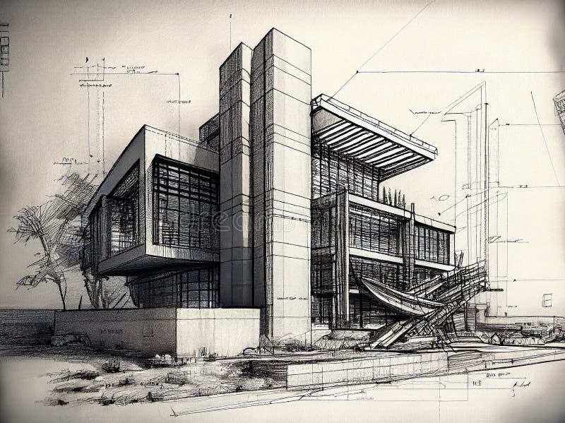 Pencil Concept Sketch Drawing of Modern Building Made with Generative ...