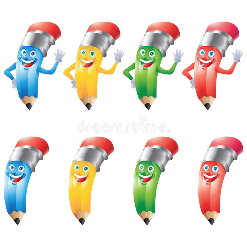 Pencil Crayon Cartoon Character Set Stock Vector - Illustration of ...