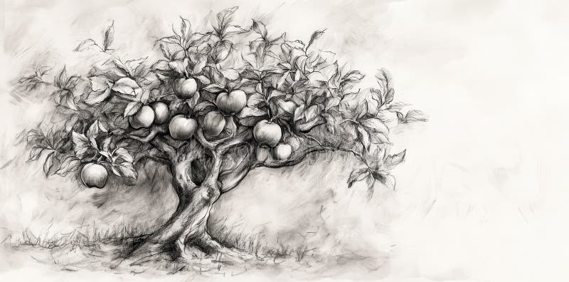 Pencil Drawing of an Apple Tree with Fruit Stock Illustration ...