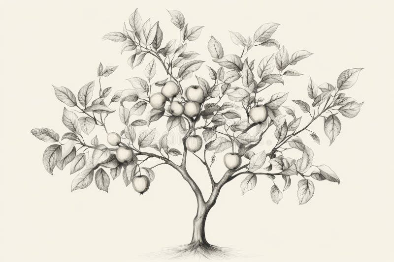 A Pencil Drawing of an Apple Tree with Fruit and Leaves Stock ...