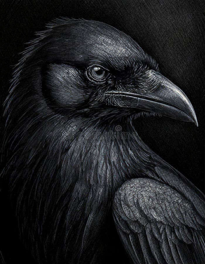 Pencil Drawing of a Black Raven with Details, on a Black Background ...