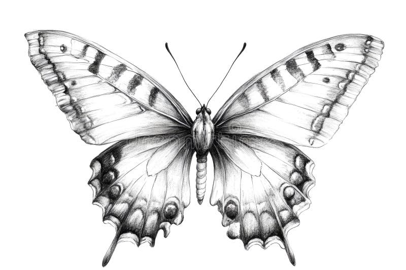 Pencil Drawing of a Butterfly with Spread Wings, Showcasing Intricate ...