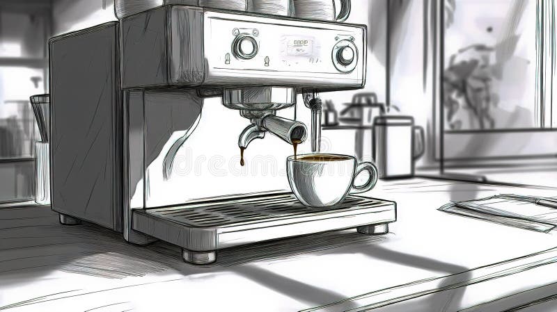 Pencil Drawing in Comic Style, Espresso Machine in a Modern Office ...