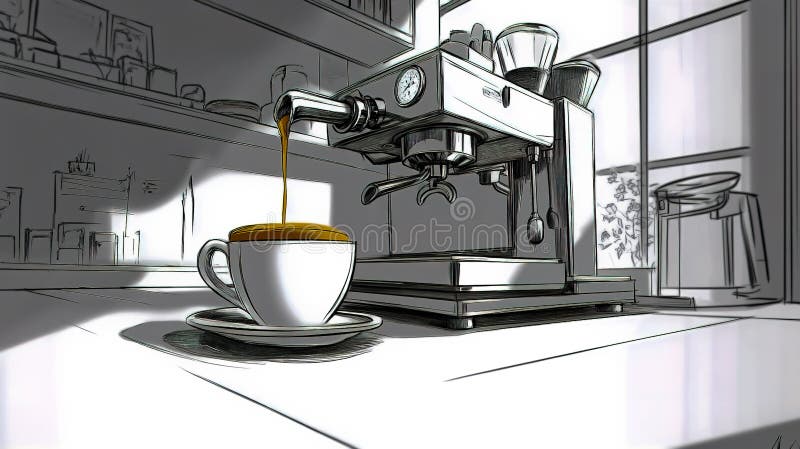 Pencil Drawing in Comic Style, Espresso Machine in a Modern Office ...