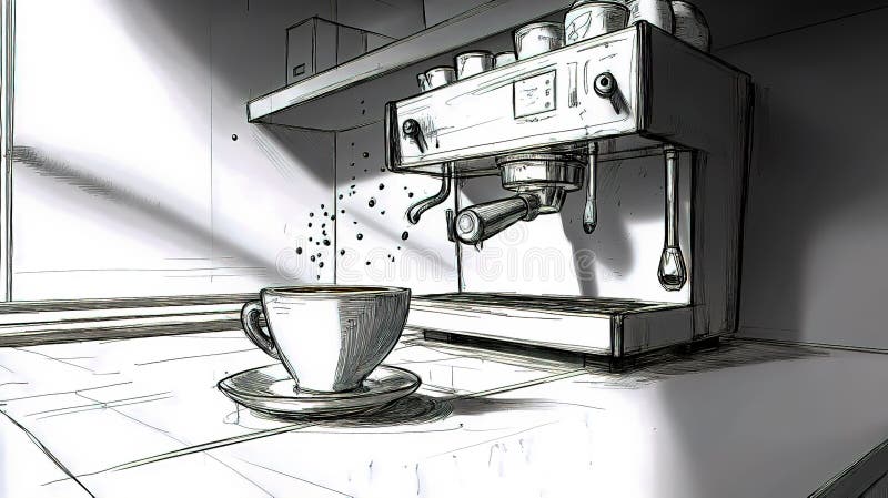 Pencil Drawing in Comic Style, Espresso Machine in a Modern Office ...