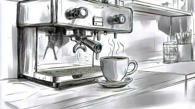 Pencil Drawing in Comic Style, Espresso Machine in a Modern Office ...