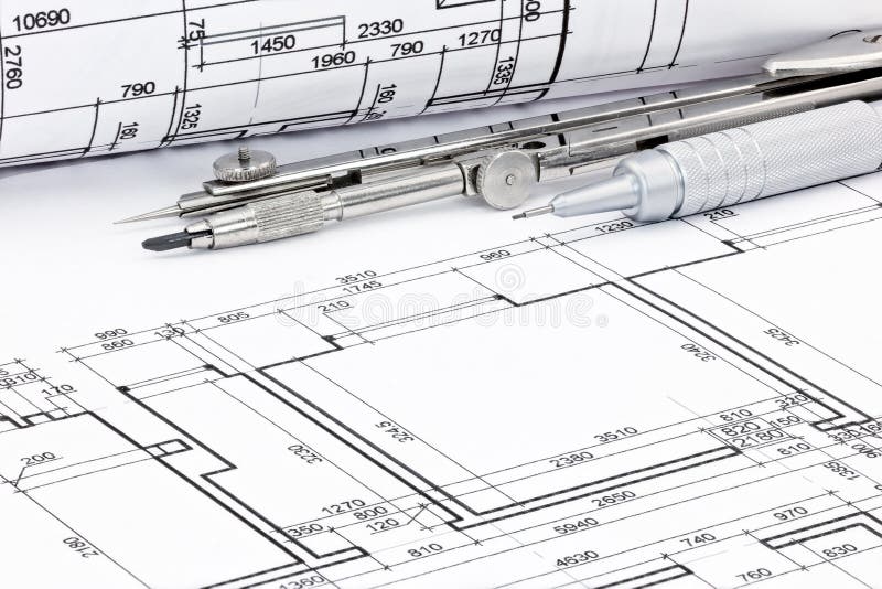 Pencil with Drawing Compass and Rolled Plans of Architectural Bl Stock ...