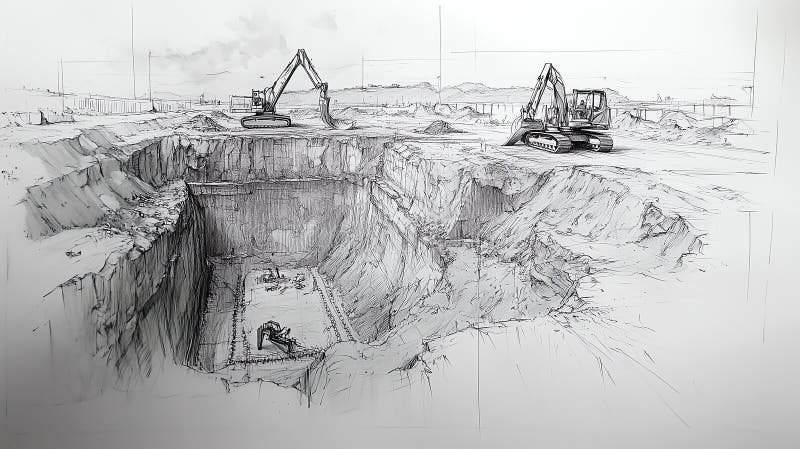 Pencil Drawing of a Construction Site Concept - Detailed Site Layout ...