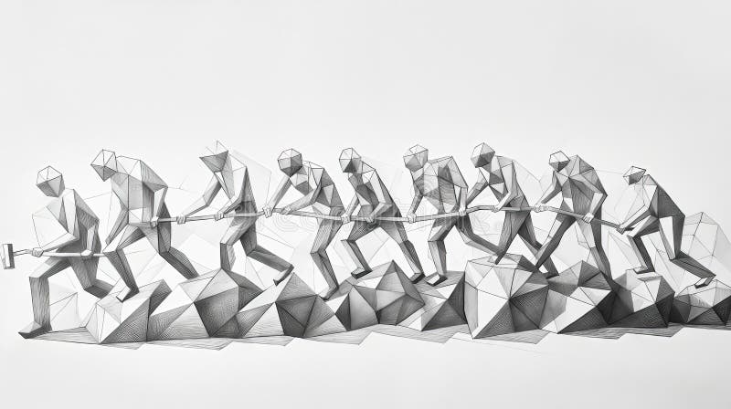 Pencil Drawing of Construction Workers Working Together To Pull a Rope ...