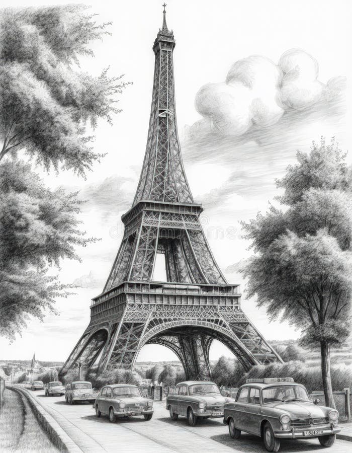 Pencil Drawing of Eiffel Tower in Paris, France. Stock Illustration ...