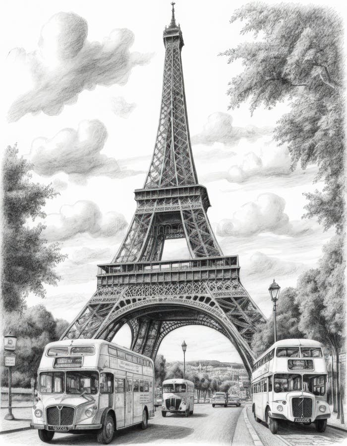 Pencil Drawing of Eiffel Tower in Paris, France. Stock Illustration ...