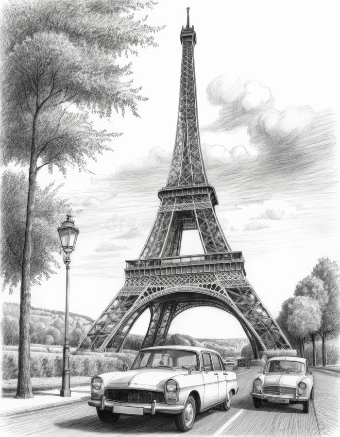 Pencil Drawing of Eiffel Tower in Paris, France. Stock Illustration ...