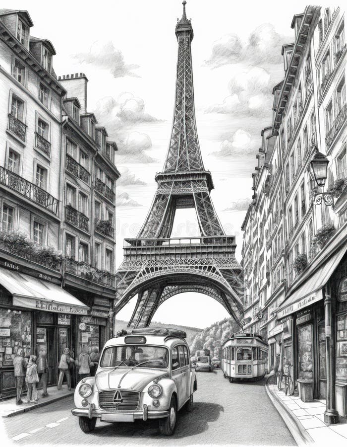 Pencil Drawing of Eiffel Tower in Paris, France. Stock Illustration ...