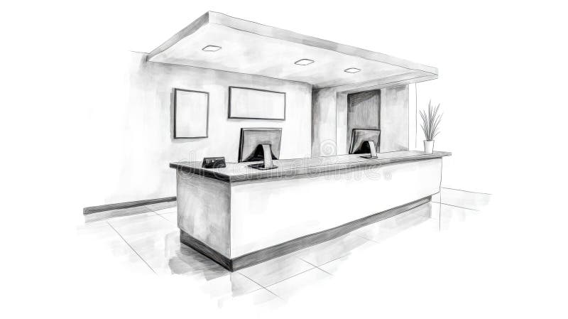 Pencil Drawing of Empty Hotel Reception Desk with Computers Stock ...