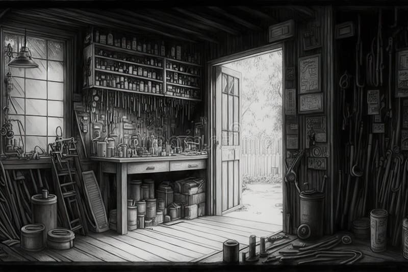 Pencil Drawing of Garage, with Piles of Tools and Car Parts Visible ...
