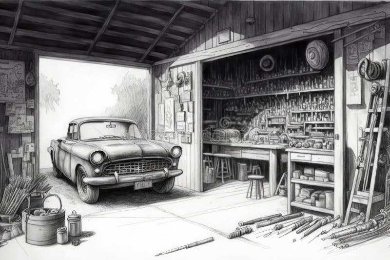 Pencil Drawing of Garage, with Piles of Tools and Car Parts Visible ...