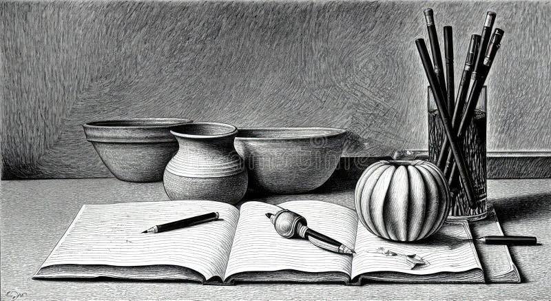 A Pencil Drawing of an Open Book and Some Pots Stock Illustration ...