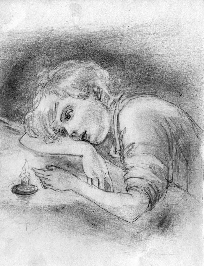 Pencil Drawing of a Pensive Boy Stock Illustration - Illustration of ...