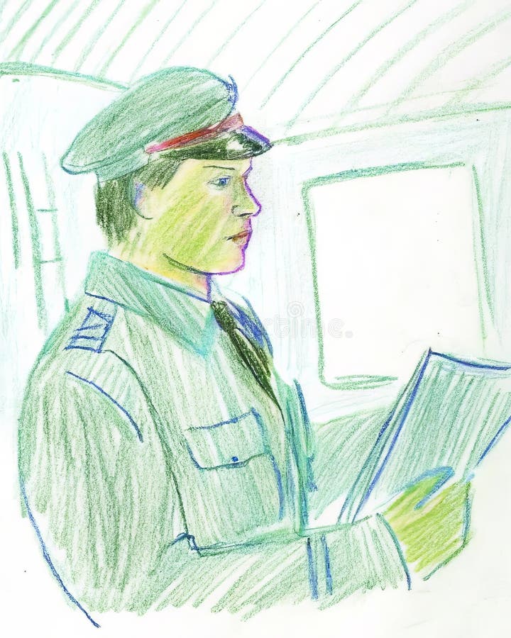 Pencil Drawing of Pilot in Uniform Reading Instructions in Cockpit ...