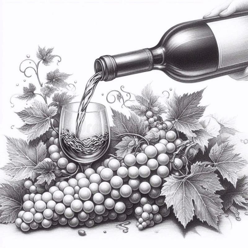 Pencil Drawing of Pouring Grape Wine. Generated AI Stock Illustration ...
